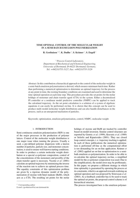 Pdf Time Optimal Control Of The Molecular Weight In A Semi Batch Emulsion Polymerization