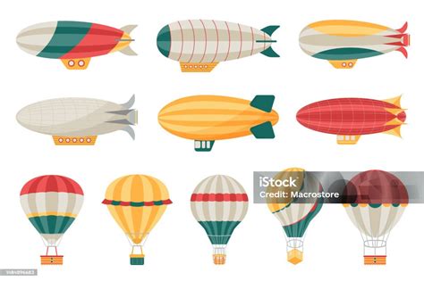 만화 비행선 메가 세트 요소 평면 디자인 다양한 종류와 색상의 열기구와 비행선 묶음 빈티지 항공 운송 벡터 그림 격리된 그래픽 개체 열기구에 대한 스톡 벡터 아트 및 기타