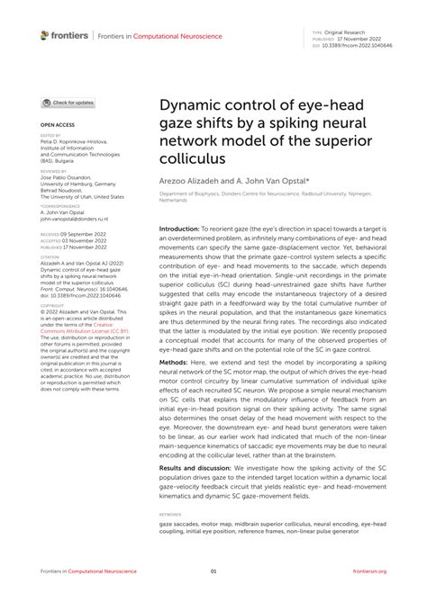 Pdf Dynamic Control Of Eye Head Gaze Shifts By A Spiking Neural Network Model Of The Superior