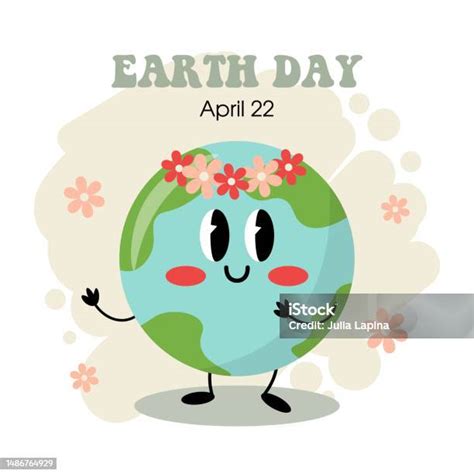 베이지색 배경에 꽃이 있는 춤추는 만화 지구 캐릭터 복고풍 그루비 스타일의 행복한 지구의 날 인사말 카드 손으로 그린 낙서 벡터 그림입니다 1960 1969 년에 대한 스톡