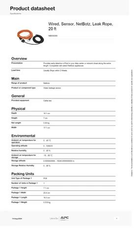 Apc Nbes0308 Wired Sensor Net Botz Leak Rope 20 Feet 10 Meter At ₹ 19593 75 Piece In Pune