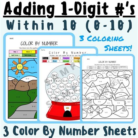Adding One Digit Numbers Within 10 1 10 3 Color By Number Activity Worksheets Elementary