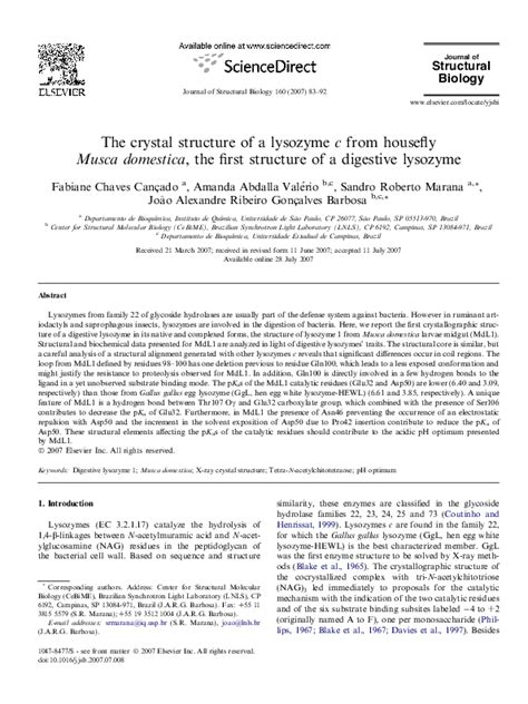 Pdf The Crystal Structure Of A Lysozyme C From Housefly Musca Domestica The First Structure