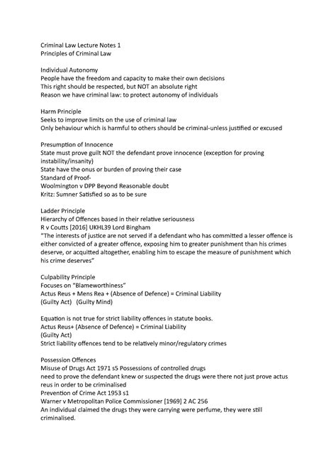 Criminal Law Lecture Notes 1 Actus Reus Absence Of Defence Criminal Liability Guilty Act