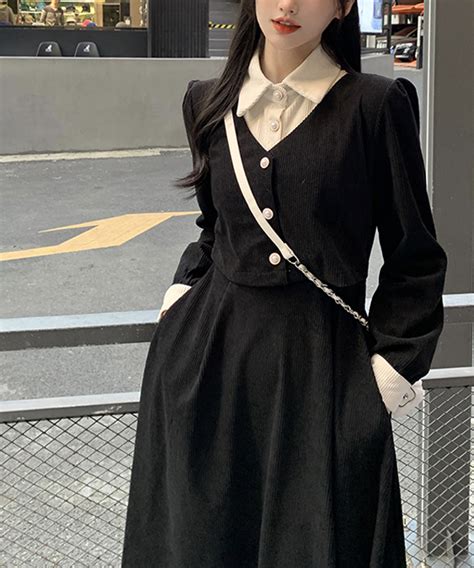 오늘출발 시즌오프 세일 2xl 빅사이즈 투피스같은원피스 배색 카라 블라우스 페이크 레이어드 A라인 플레어 훌스커트 코듀로이 원피스 골덴원피스 클래식 레트로