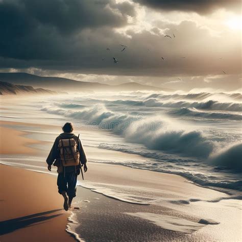 изображение пляжного комбера спускающегося на закате с волнами Иллюстрация штока иллюстрации