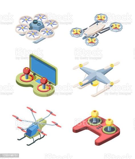 비행 드론 세트 제어판 세련 된 미래 지향적 인 디자인 쿼드로 콥터 무선 전송 전기 배터리화물 배달 촬영을위한 현대적인 로봇 장치 혁신적인 벡터 Multicopter에 대한