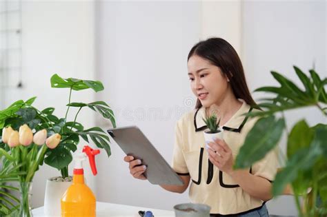 Gardening And Plant Care A Woman Exploring Plant Care Techniques Using A Tablet To Enhance Her