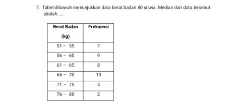 7. Tabel dibawah menunjukkan data berat | StudyX