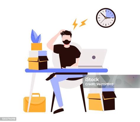 누락 된 마감일 나쁜 시간 관리의 개념 피곤하고 긴장되고 스트레스를 받은 남자가 직장에서 머리를 움켜쥐고 빨간 진드기가 있는