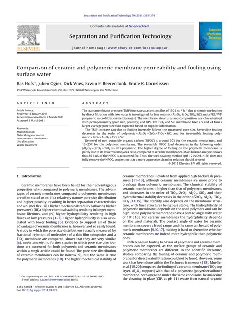 Pdf Comparison Of Ceramic And Polymeric Membrane Permeability And Fouling Using Surface Water