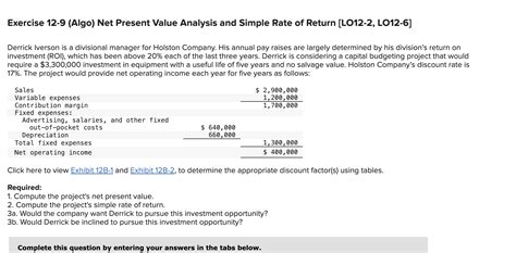 exercise 12 9 algo ﻿net present value analysis and