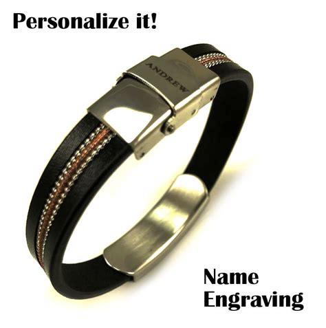 Mens Black Leather And Steel Bangle Bracelet Personalized W Name