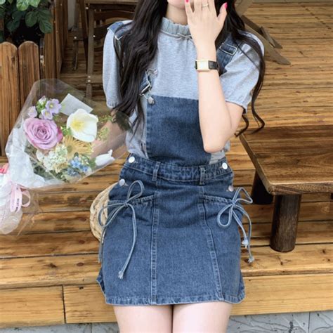 디어포텐 여름신상데님스커트 중청 데님 키치 리본 멜빵 미니스커트 데이트룩 캠퍼스룩 러블리