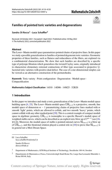 Pdf Families Of Pointed Toric Varieties And Degenerations
