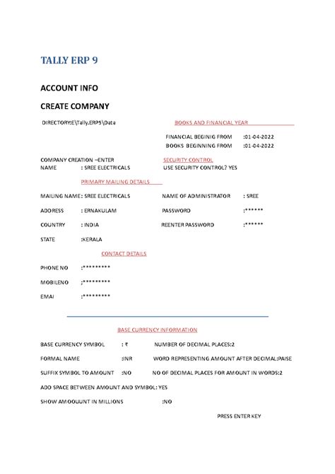 Tally ERP Company Creation Steps TALLY ERP ACCOUNT INFO CREATE COMPANY DIRECTORY E Tally