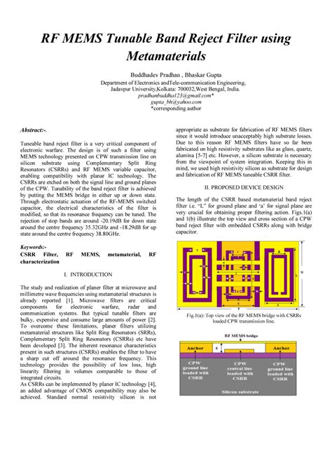 Pdf Rf Mems Tunable Band Reject Filter Using Metamaterials