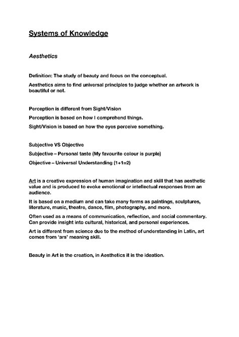 Aesthetics Notes Systems Of Knowledge Aesthetics Definition The Study Of Beauty And Focus On