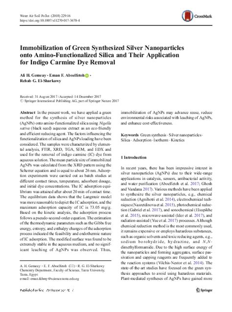 Pdf Immobilization Of Green Synthesized Silver Nanoparticles Onto
