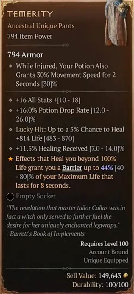 Diablo 4 Temerity Stats · Unique Pants · Mythic Drop