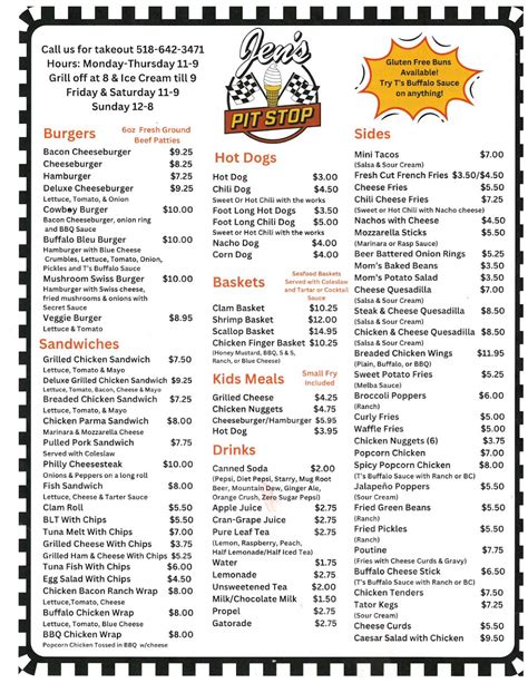 Menu At Jens Pit Stop Fast Food Granville