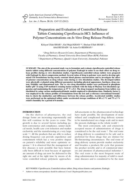 Pdf Preparation And Evaluation Of Matrix Tablets Containing Ciprofloxacin Hcl Influence Of