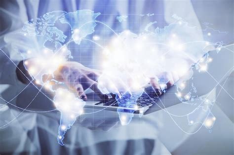 premium photo double exposure of woman hands typing on computer and