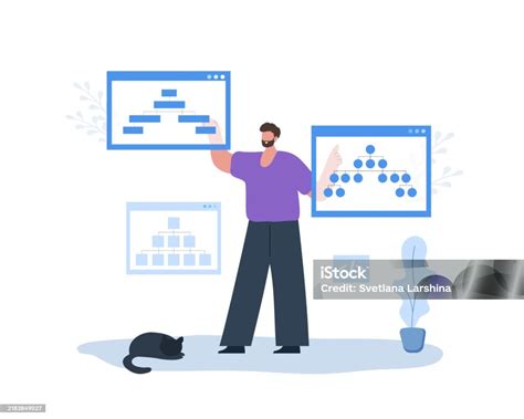 사이트맵 생성 프로세스 Seo 최적화 남성 개발자는 사이트 아키텍처를 구성합니다 다이어그램 및 구조 웹 사이트 순서도 Ui Ux 플랫 만화 스타일의 벡터 일러스트 레이 션
