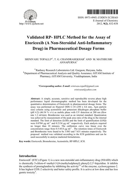 PDF Validated RP HPLC Method For The Assay Of Etoricoxib A Non Steroidal Anti Inflammatory
