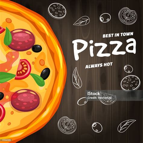 나무 배경 패스트 푸드 최고보기 템플릿 전단지 배너에 재료와 텍스트 피자 피자 이탈리아어 음식 메뉴 또는 길거리 음식 포스터 디자인 인쇄 웹을위한 벡터 일러스트레이션 0명에