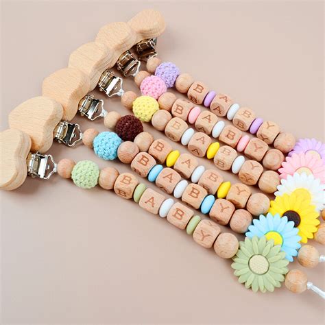 아기 맞춤형 이름 젖꼭지 클립 너도밤나무 글자 구슬 실리콘 구슬 분실 방지 젖꼭지 체인 유아 젖니 장난감 섭식