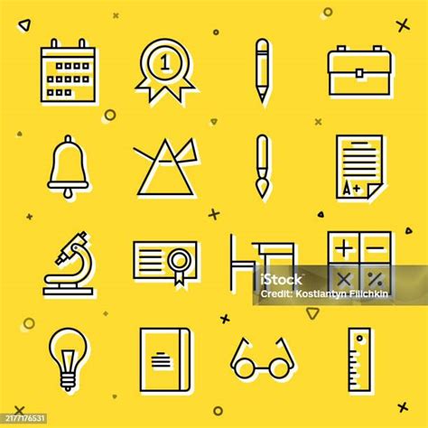 선 눈금자 계산기 A 플러스 등급의 시험지 연필 지우개 프리즘의 광선 울리는 종 달력 및 페인트 브러시 아이콘을 설정합니다 벡터 검은색에 대한 스톡 벡터 아트 및 기타
