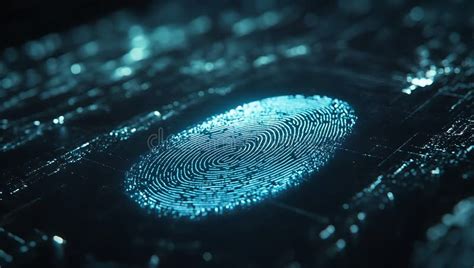 A Digital Fingerprint Illuminated In Bright Blue Set Against A Dark High Tech Circuit Stock