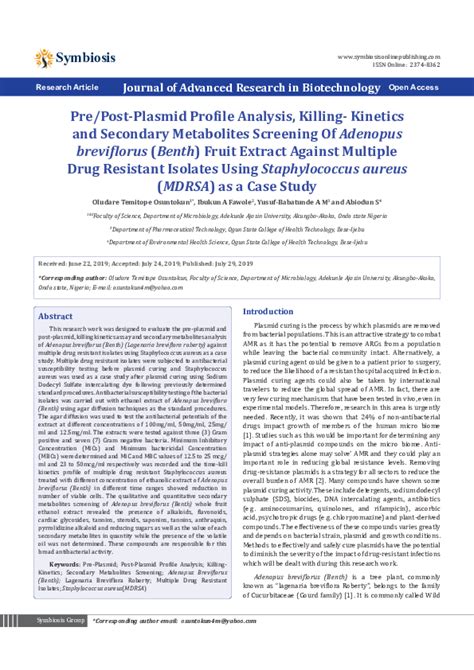 Pdf Pre Post Plasmid Profile Analysis Killing Kinetics And Secondary Metabolites Screening Of