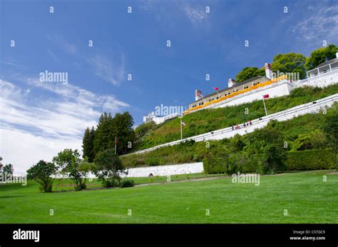 Michigan Mackinac Island Park View With Fort Mackinac Founded In
