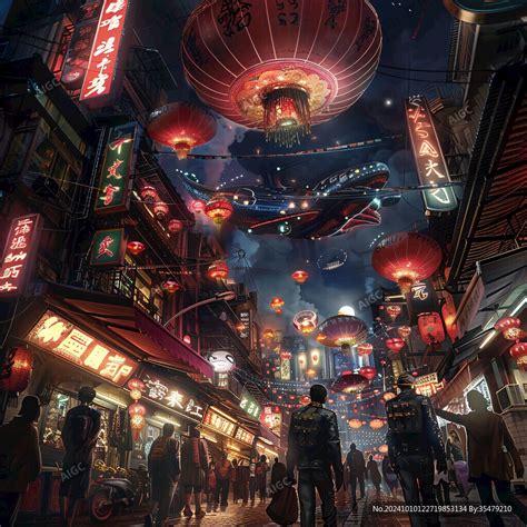 Ai创作图场景赛博插画 中国小吃街插画 横琴插画 场景氛围图 现代唐人街 横店插画 庙街手绘 赛博朋克夜市kv 元宵节画面 元宵节街景 年货街