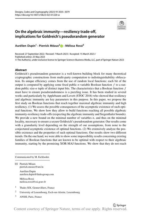 On The Algebraic Immunity—resiliency Trade Off Implications For Goldreichs Pseudorandom Generator