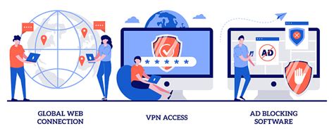 글로벌 웹 연결 Vpn 액세스 작은 사람들과 의 광고 차단 소프트웨어 개념 네트워크 액세스 벡터 일러스트레이션 집합입니다 원격
