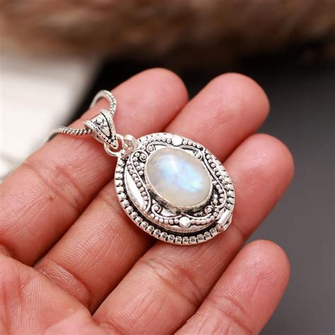 Rainbow Moonstone Teardrop Pendant Sterling Silver Boho Necklace Etsy