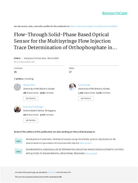 Pdf Flow Through Solid Phase Based Optical Sensor For The Multisyringe Flow Injection Trace