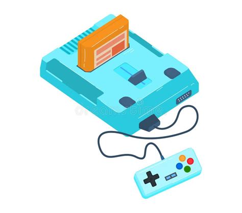 Isometric Retro Video Game Console With Controller Blue Gaming Machine With Cartridge Stock