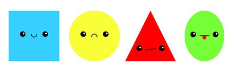 도형 세트 기하학적 수치 아이들을위한 교육 카드 귀여운 다채로운 사각형 원 타원형 둥근 삼각형 머리 선 아이콘 세트 슬픈 얼굴을 웃고 있습니다 눈 혀 마우스 평면 디자인