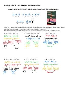 Finding Real Roots Of Polynomial Equations Joke Worksheet 3 With Answer Key
