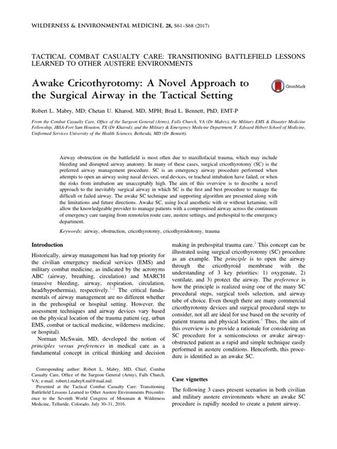 Awake Cricothyrotomy A Novel Approach To The Surg Pdf Emergency Medical Services Medicine