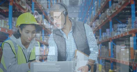 Image Of Statistics And Financial Data Processing Over Man And Woman