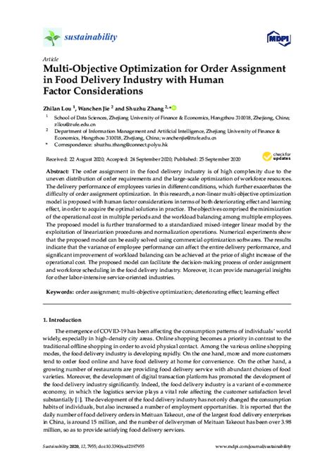 Pdf Multi Objective Optimization For Order Assignment In Food Delivery Industry With Human