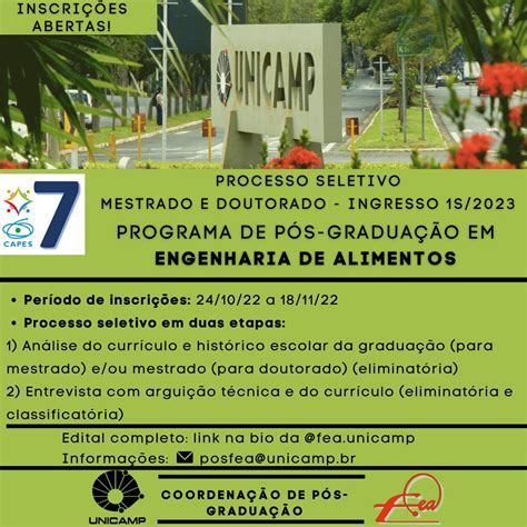 InscriÇÕes Abertas Mestrado E Doutorado Fea Unicamp