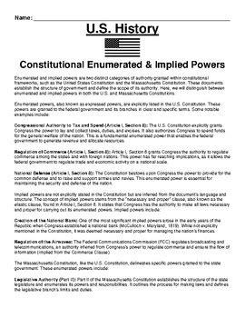 Constitutional Enumerated Implied Powers Article Questions PDF