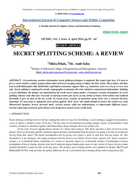 Pdf Secret Splitting Scheme A Review﻿ Ijcsmc Journal