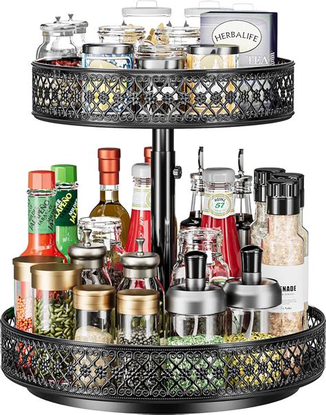 Lazy Susan Organizer 2 Tier Turntable Spice Rack 12 Inch Adjustable Metal Rotating Lazy Susan